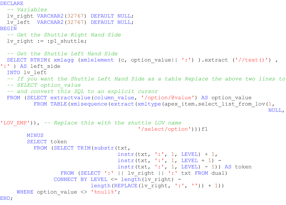 Accessing values from the left hand side of an APEX Shuttle