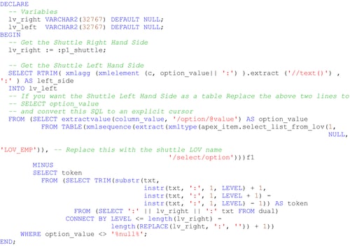 Accessing values from the left hand side of an APEX Shuttle