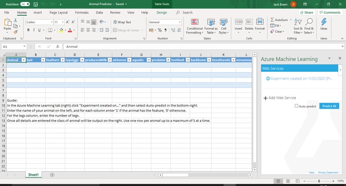 Classifying Animals: Machine Learning in Excel Spreadsheets
